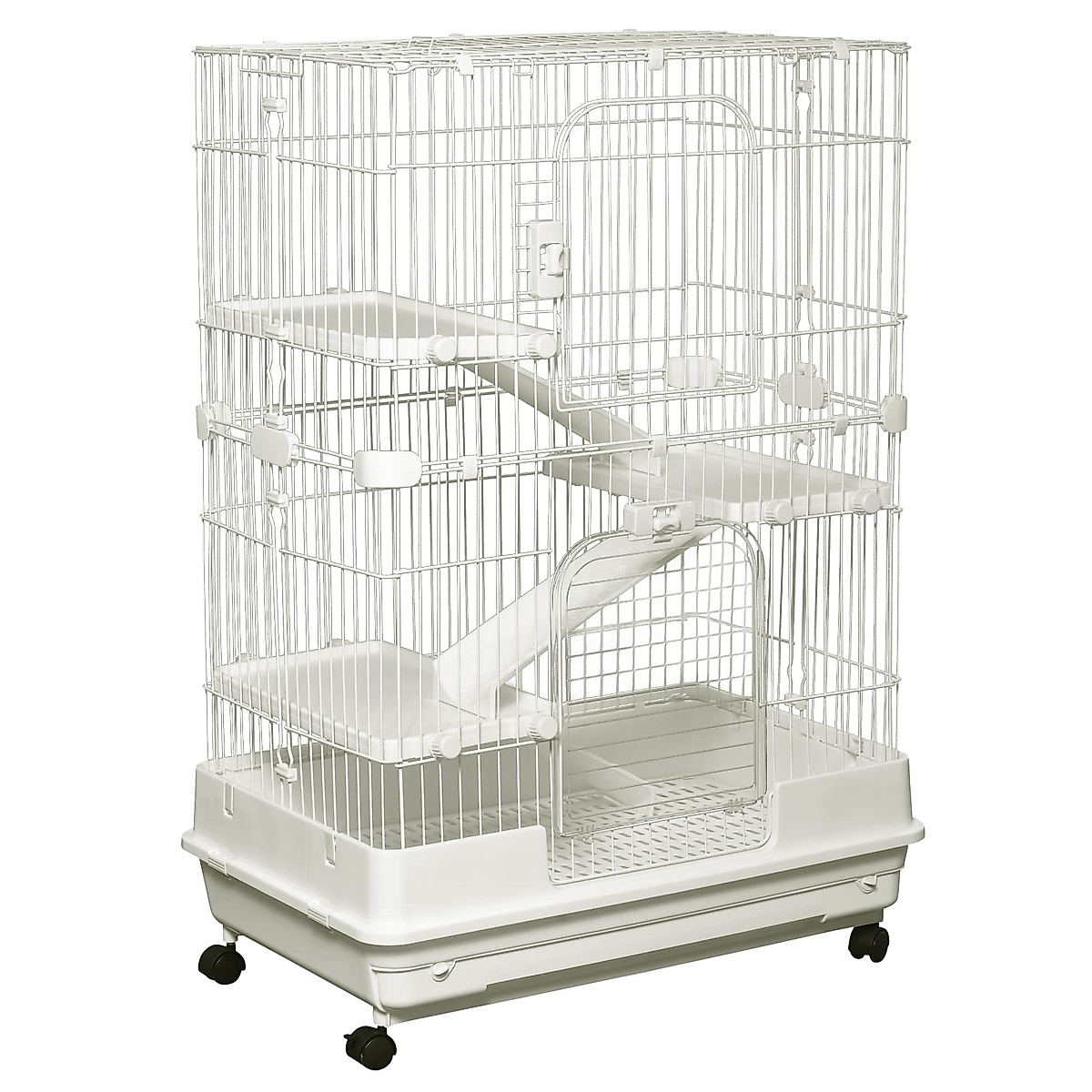 PawHut 4-Level Small Animal Cage Rabbit Hutch with Wheels, Removable Tray, Platform and Ramp for Bunny, Chinchillas, Ferret, White