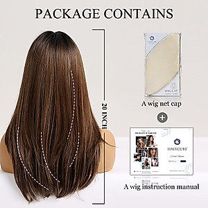 HAIRCUBE Brown Wigs for Women Long Straight layered Wig with Bangs Highlight Colour Heat Resistant Fiber Synthetic Wigs Daily Natural looking