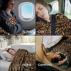 MACEVIA Travel Blanket with Sleeve for Women Men Adult Wearable Blanket Warm Cozy Super Soft Sleeved Throw with Arm 2 in 1 Blanket Pillow for Airplane Train Camping Travel Watching TV - Leopard Print