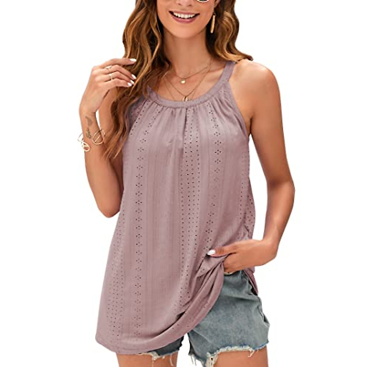 ClearFlower Barbie Tank Top for Women Loose Fit High Neck Sleeveless Halter Tops Casual Pleated Eyelet Summer Flowy Cami Shirts Blouse Deep Pink M