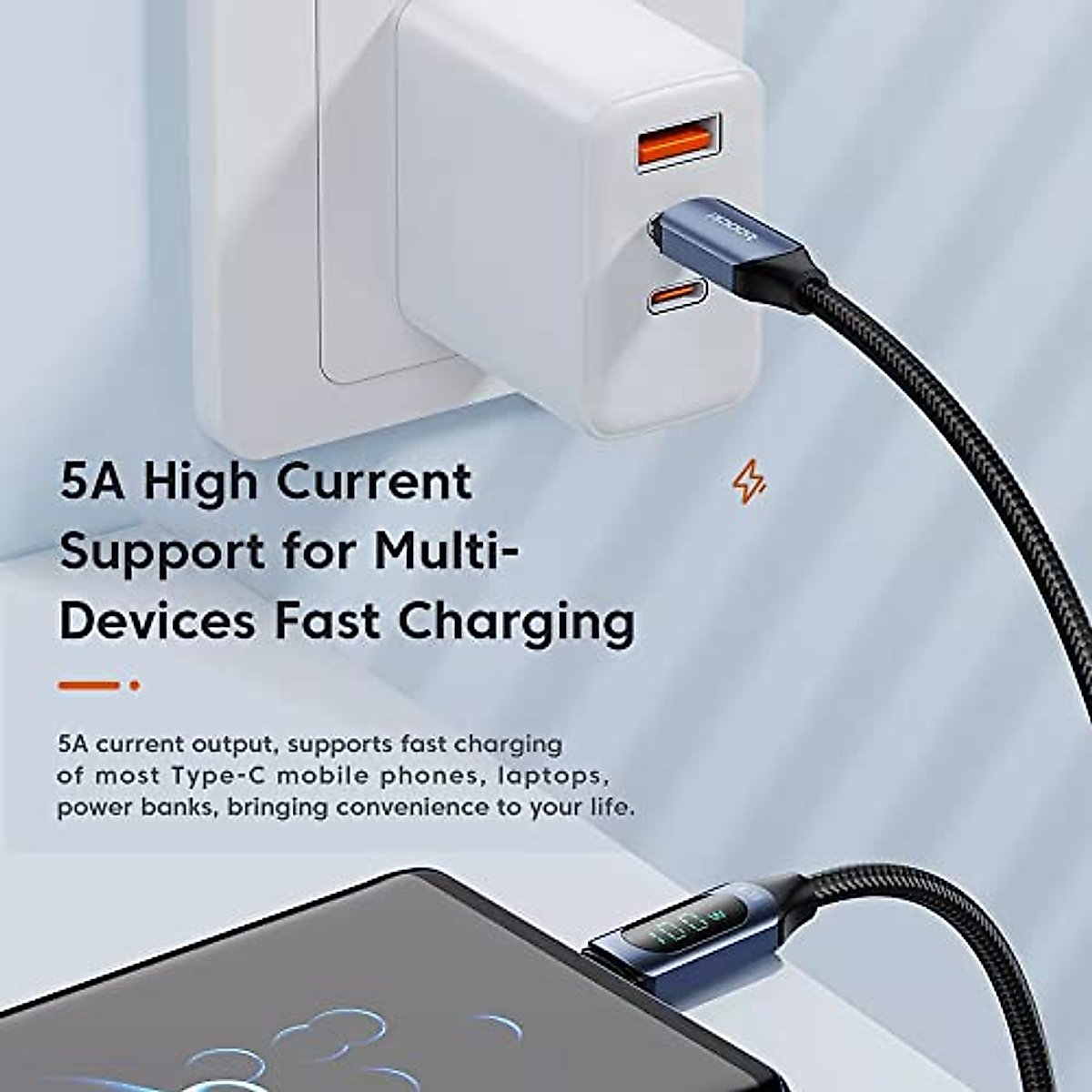 5A Type C to Type-C Cable Super Turbo Charging PD 100W Digital LED C to C Nylon Braided for Samsung High Stable Current Save PVC USB-C Charger Fast-Speed Data Sync Smart Chip 2Meter Length (2M-Blue)