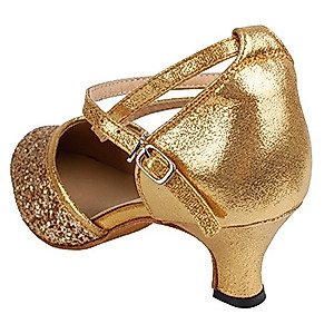 Andux Women's Ballroom Leather Dancing Shoes for Latin Chacha Samba Modern Jazz 3.5cm Heel LDWX-01 (42, Gold)