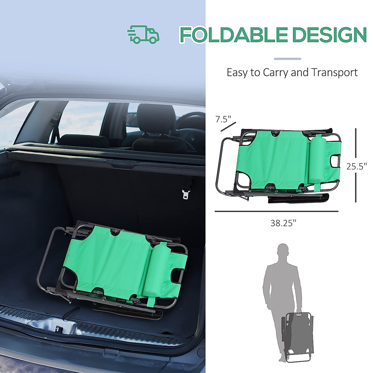 Outsunny Folding Chaise Lounge Chair for Outside, 2-in-1 Tanning Chair with Pillow & Pocket, Adjustable Pool Chair for Beach, Patio, Lawn, Deck, Green