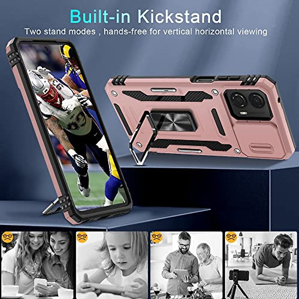 DEERLAMN Case Compatible with Moto G 5G 2023 with Slide Camera Cover+Screen Protector(1 Pack),Rotated Ring Kickstand Military Grade Shockproof Protective Cover-Rose Gold