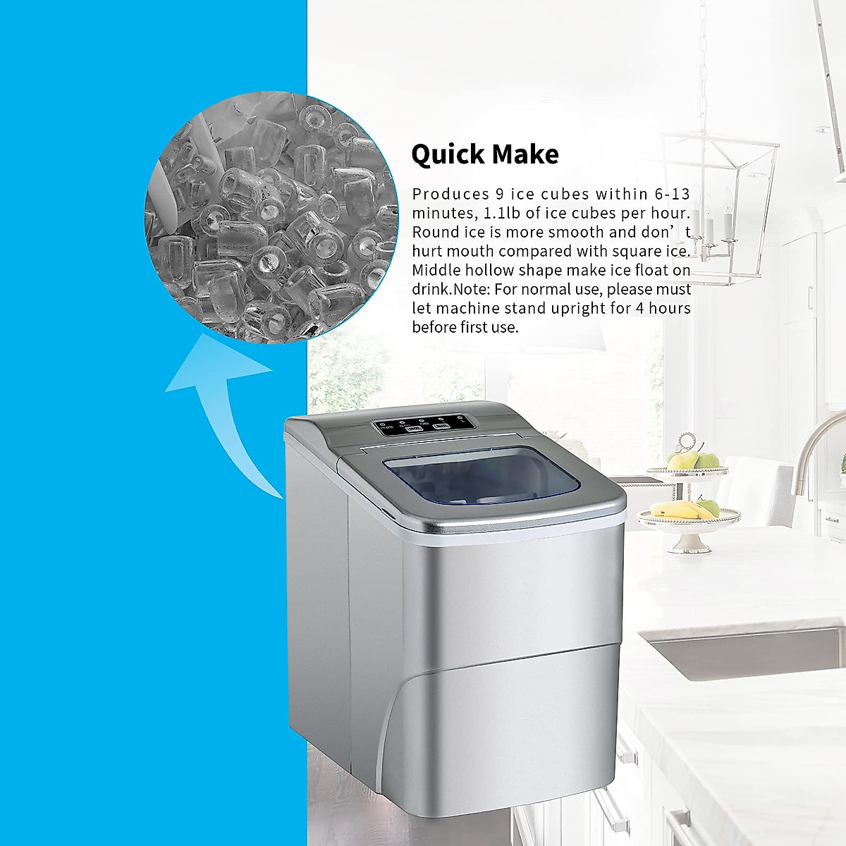 Portable Ice Maker Machine for Countertop, Ice Cube Makers, Electric Ice Maker Make 26 lbs ice in 24 hrs,Ice Cube Ready in 6-8 Mins with Ice Scoop and Basket for Home/Office/Bar (Sliver)