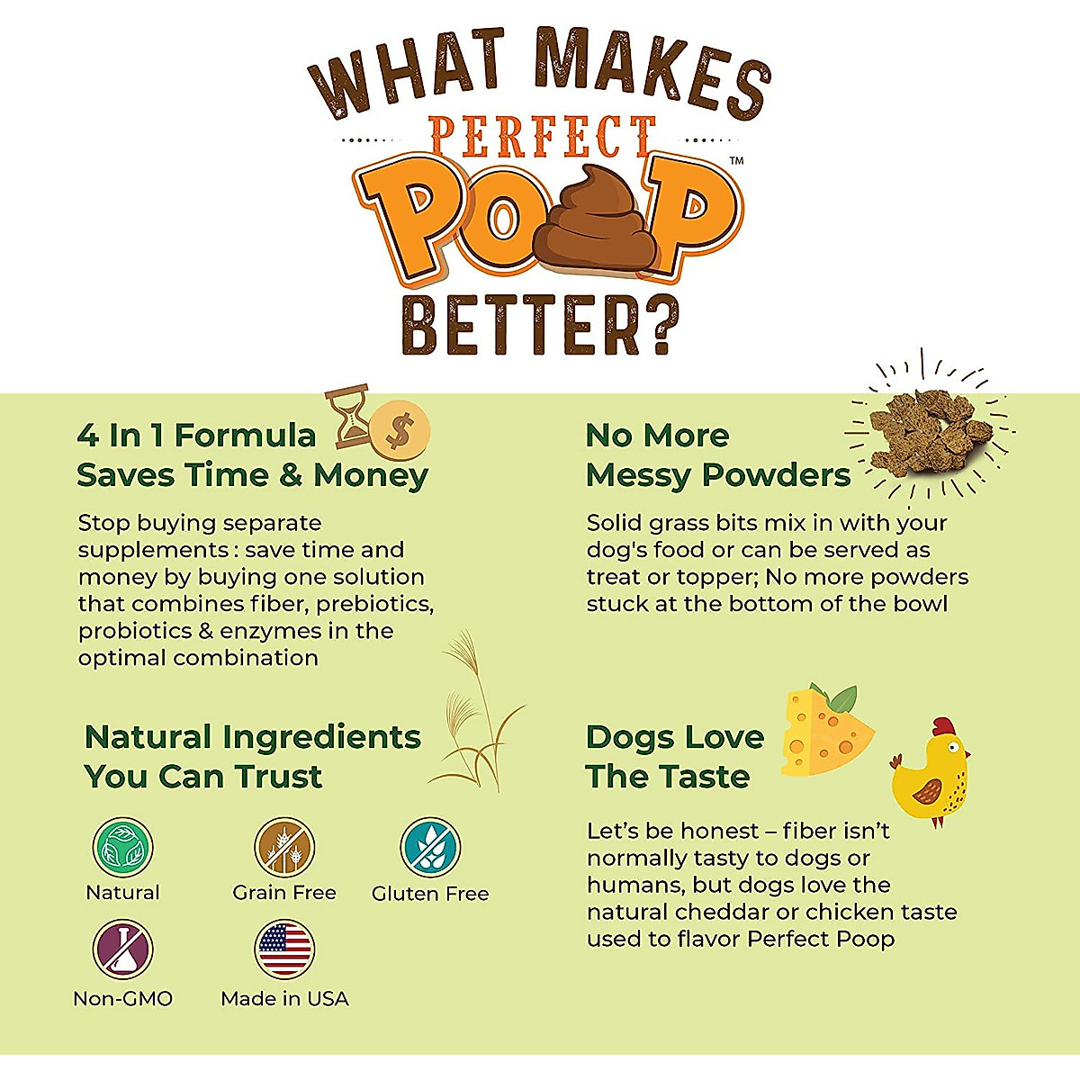 Perfect Poop Digestion & General Health Supplement for Dogs: Fiber, Prebiotics, Probiotics & Enzymes Relieve Digestive Conditions, Optimize Stool, and Improve Health (Cheddar Cheese, 4.2 oz)