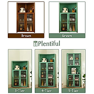 IOTXY 4-Tier Corner Shelf Cabinet - Bamboo Storage Organizer Rack with Moru Acrylic Doors, Standing Bookshelf Display Stand, for Living Room, Kitchen, Home Office, Green