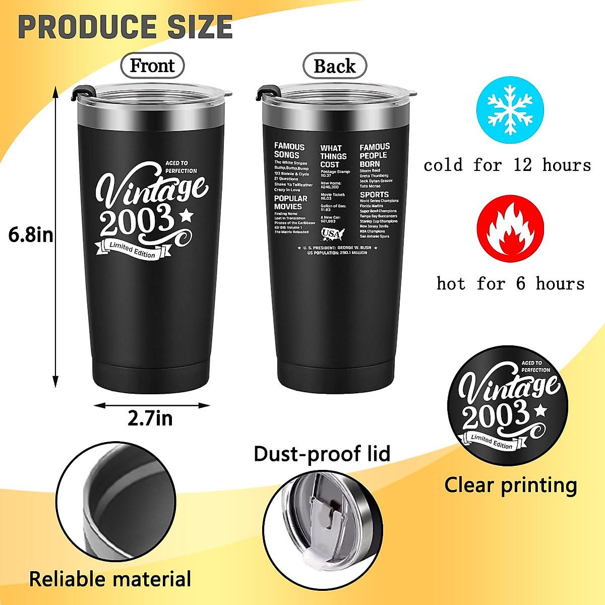 Greatingreat 2003 21st Birthday Gift for Women and Men - 21st Gifts for Parents - 21st Class Reunion - Sister Brother Friend Present - 20oz Tumbler Cup Black