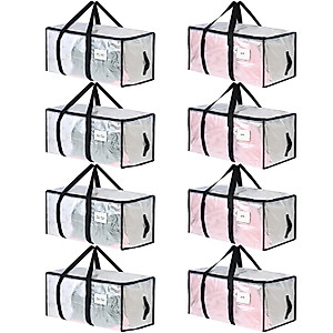 Rihim Clear Moving Bags 90L - 8 Pack Large Heavy Duty Storage Bags with Zipper, PP Plastic, Waterproof - Moving Totes with Lids, Packing and Storage Clothes, Pillow etc