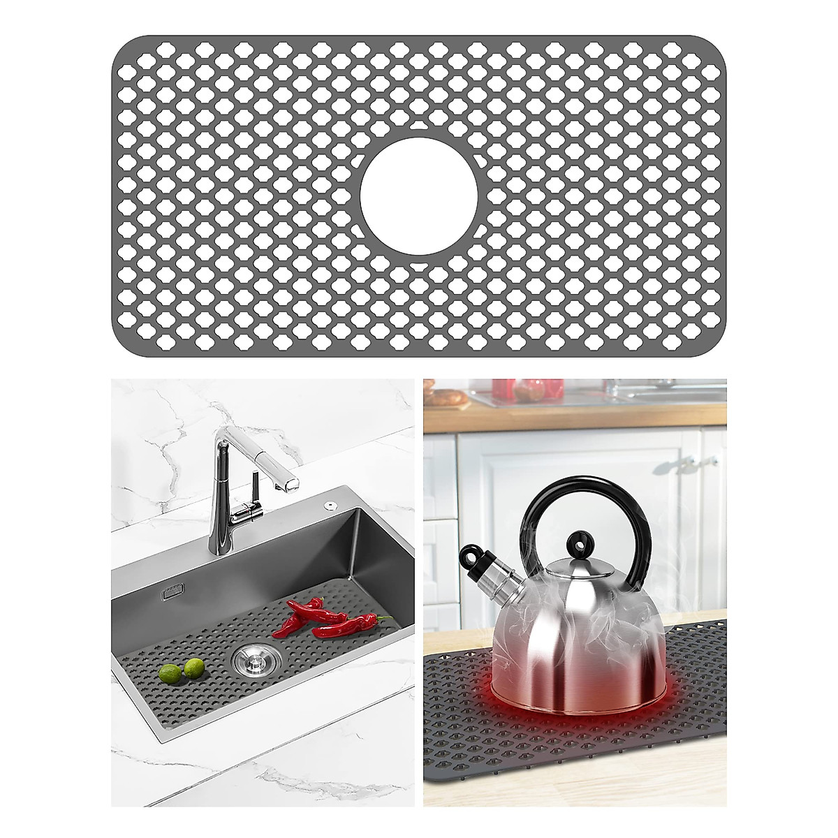 Makaduo Sink Protectors for Kitchen Sink, Silicone Kitchen Sink Accessories, Sink Mats for Stainless Steel Sink, Porcelain Sink, Large Folding Dish Drying Mat, Heat Resistant, Non-Slip, Grey