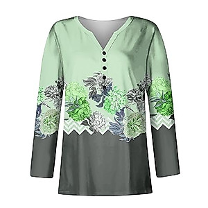 CzctKHun Long Sleeve Tops Long Sleeve Shirts for Women Womens Long Sleeve Shirts Womens Long Sleeve Tops V-Neck Pleated Pullovers Button Up Printing T-Shirt Comfy Tees Lightweight Sweatshirt