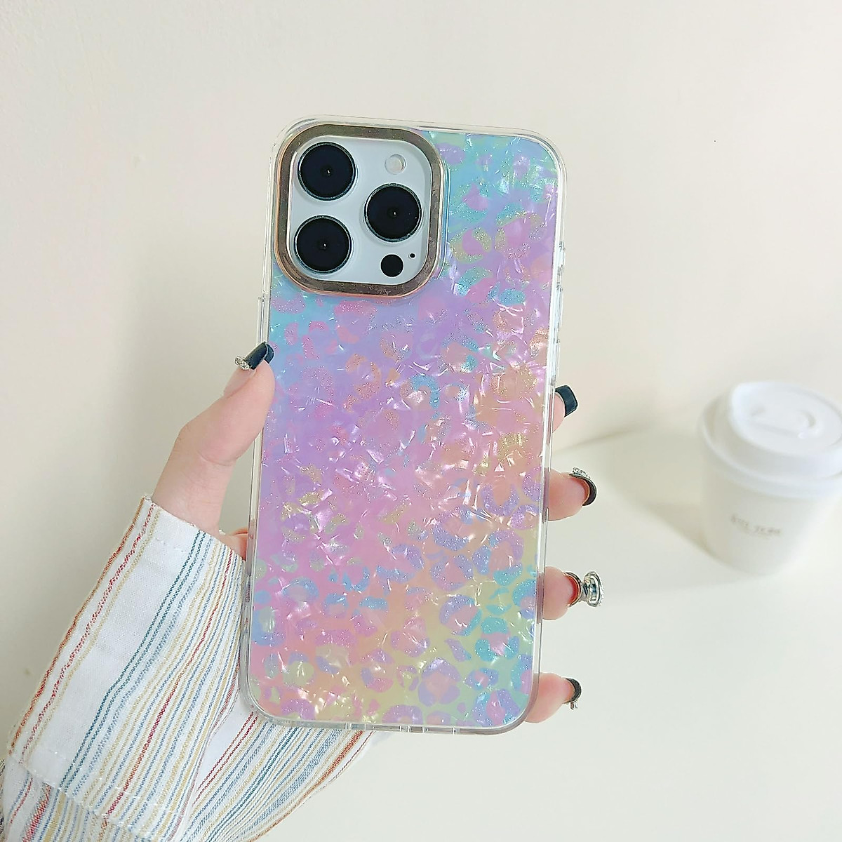 YeLoveHaw for iPhone 15 Pro Max Phone Case for Women Girls, Glitter Pink Purple Leopard Print Pattern, Shiny White Shell Slices, Slim Hard Protective Cover for iPhone 15ProMax 6.7''(Colorful Leopard)