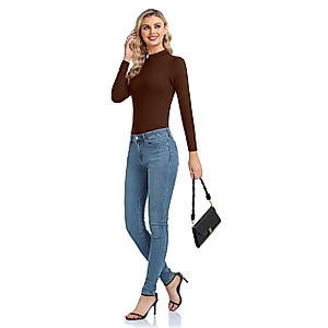 Women Thermal Shirt Fleece Lined Long Sleeve Soft Stretchy Mock Neck Tee Tops Coffee Small