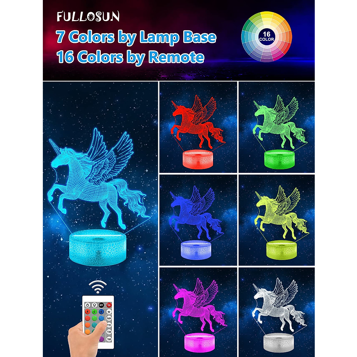 FULLOSUN Unicorn Gifts for Grils,3D Illusion Night Light Bedside Lamp wtih Remote Control 16 Colors Changing Dim Function, Creative Gifts for Room/Home Decor Birthday Xmas for Boys & Girls