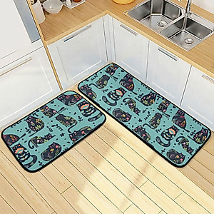 Kigai Cats and Colorful Flowers Kitchen Rugs and Mats Set of 2, Anti Fatigue Comfort Mat for Kitchen Floor, Non Skid and Washable Kitchen Rug, 27"x20"+47"x20"