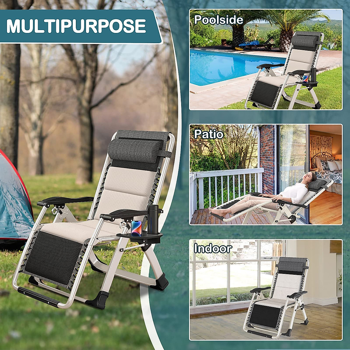 NAIZEA Lounge Chair Patio Zero Gravity Chair Folding Adjustable Reclining Patio Chairs with Cup Holder, Ergonomic Patio Recliner Chairs for Kids and Adult for Indoor and Outdoor