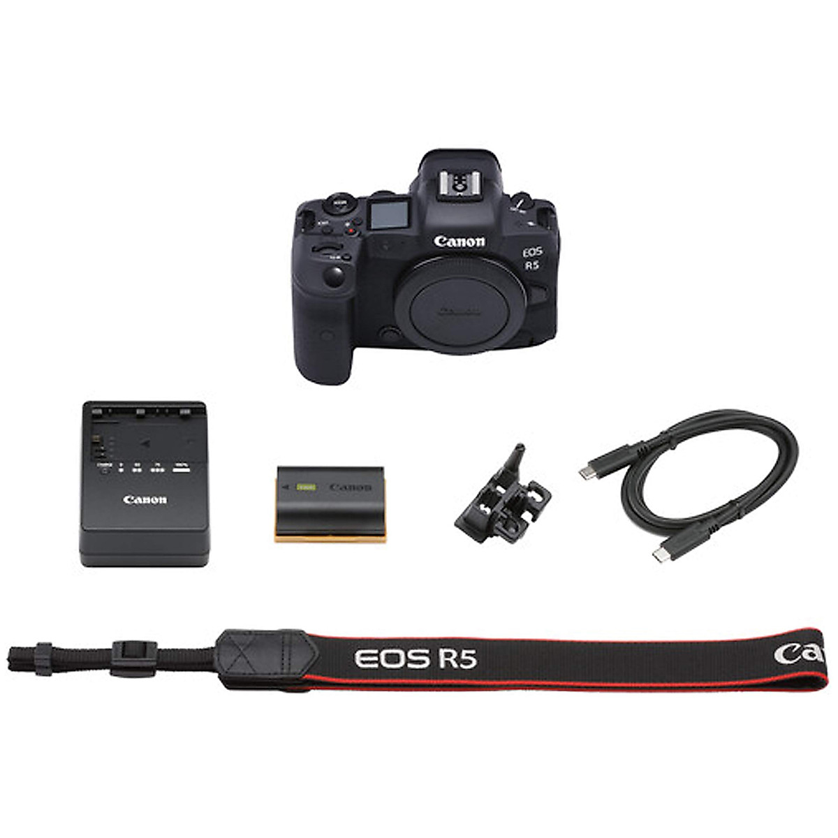 Canon EOS R5 Mirrorless Camera Body + 128GB Pro Speed Memory + EF-RF Lens Adapter + Led Video Light + DME 100 Microphone +Case + Tripod + Software Pack-Video Bundle (Renewed)