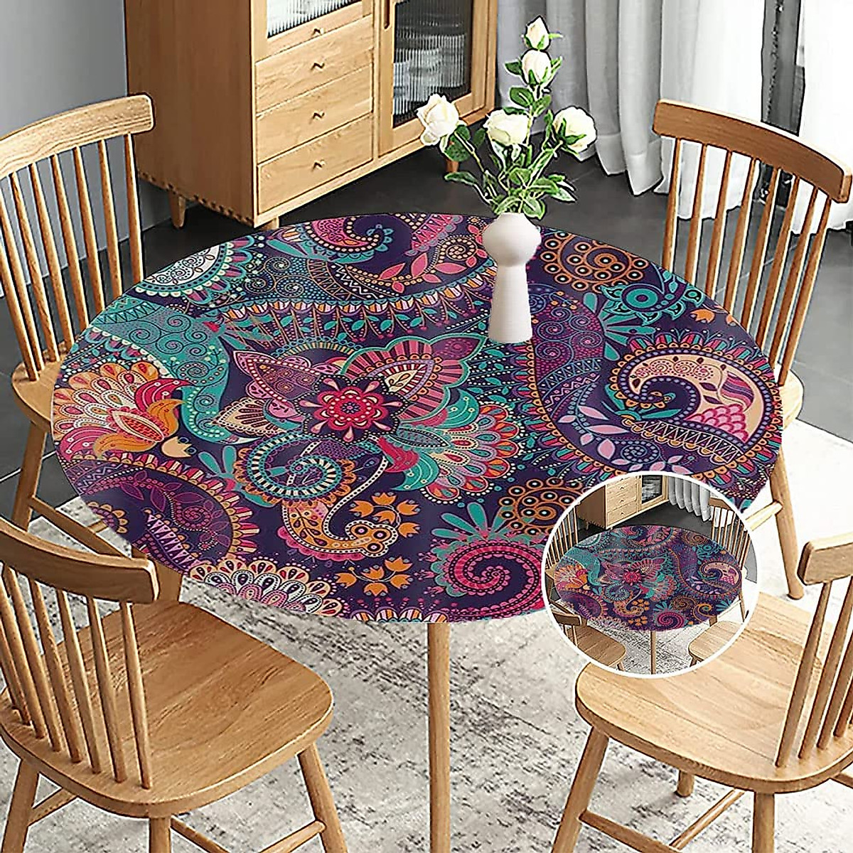 VBTGVE Round Fitted Mandala Bohemiantablecloth, Paisley Purple Floral Boho Colorful, Elastic Edge, for Dining Tables, Buffet Parties and Camping, Fit for 48" Table, Purple 02