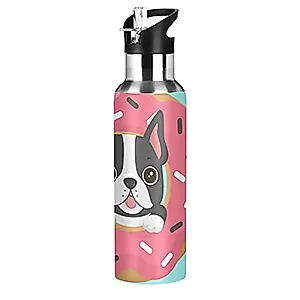 Yasala Water Bottle Dog Donut French Bulldog Coffee Thermos Stainless Steel Insulated Beverage Container 20 oz with Straw Lid BPA-Free for Sport, Travel, Camping, Back to School