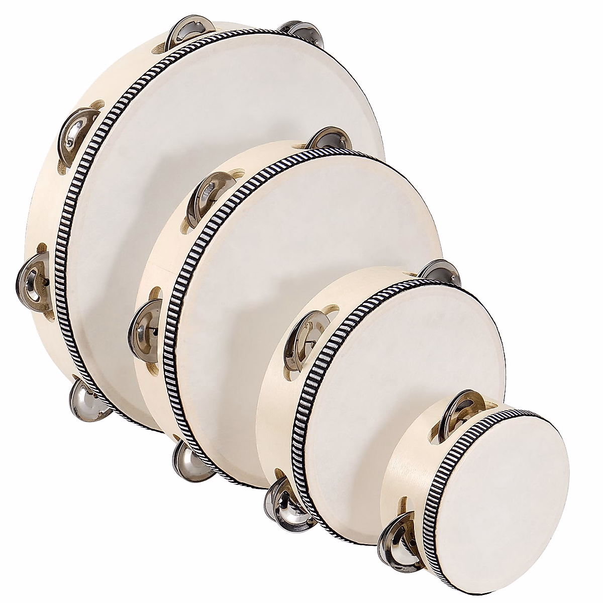 MAHIONG 4 PCS 4" 6" 8" 10" Wooden Tambourine, Musical Instrument Tambourine Set, Handheld Drum Bell Metal Jingles Single Row Percussion for Church, KTV, Party