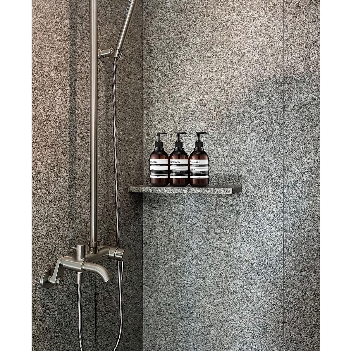 Mia home - 17.5 oz Refillable Empty Amber PET Plastic Bottle Set - 3 Bottles only with Labels, Shampoo & Conditioner & Shower Gel, Silcone Funnel