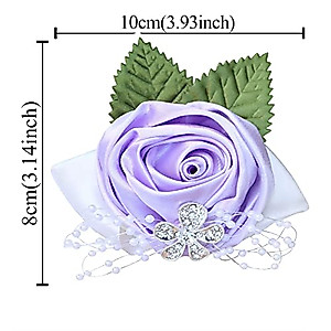 6piece Wrist Corsages Flower with Pearl Beads Diamond Satin Rose Elastic Band Wrist Bracelet Flowers Wedding Party Item (Lilac)
