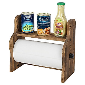 MyGift Wall Mounted Solid Burnt Wood Paper Towel Holder and Spice Rack Storage Shelf with Industrial Black Metal Bar for Easy Refill, Countertop Standard Roll Paper Towel Dispenser and Display Shelf
