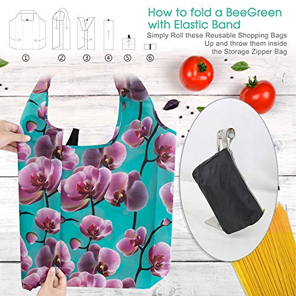 BeeGreen 10 Pack Washable Floral Grocery Bags for Shopping Reusable Tote Bags Extra Large 50LBS Cute Flower Design Foldable Reusable Bags for Women Men Lightweight Durable