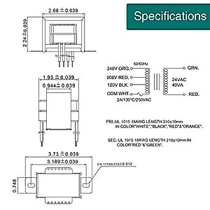 Control Transformer 40VA, Primary 120, 208, 240V Secondary 24V, HVAC Furnace Multi Tap, 1 Pack