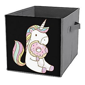 Unicorn Eating Delicious Donuts Foldable Storage Bins Printd Fabric Cube Baskets Boxes with Handles for Clothes Toys, 11x11x11