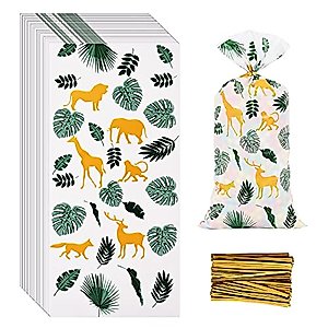 Lecpeting 100 Pcs Jungle Animal Treat Bags Safari Animal Cellophane Candy Bags Jungle Plastic Goodie Storage Bags Safari Party Favor Bags with Twist Ties for Safari Theme Birthday Party Supplies