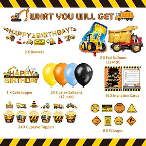 Construction Birthday Party Supplies, 207 Pcs Dump Truck Party Decoration For Boys Kids Birthday Party - Banner, Cake and Cupcake Toppers, Forks, Knives, Spoons, Straws, Plates, Balloons, Invitation Cards, Tablecloth, Party Signs, Cups, Napkins Serves 16