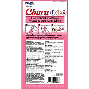 INABA Churu Cat Treats, Grain-Free, Lickable, Squeezable Creamy Purée Cat Treat/Topper with Vitamin E & Taurine, 0.5 Ounces Each Tube, 4 Tubes, Tuna with Salmon Recipe