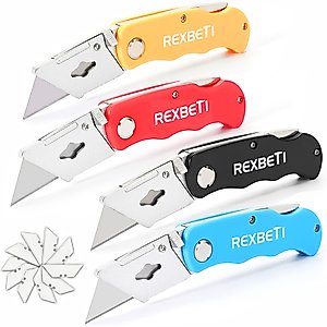 REXBETI 4-Pack Folding Utility Knife Quick-change SK5 Box Cutter for Cartons, Cardboard and Boxes, Back-lock Mechanism with 10 Extra Blades