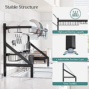 SONGMICS Over The Sink Dish Drying Rack with Adjustable Length (34-39.4 Inches), 2 Tier Kitchen Sink Rack, Space Saving Dish Drainer Organizer for Countertop, Black UKCS023B01