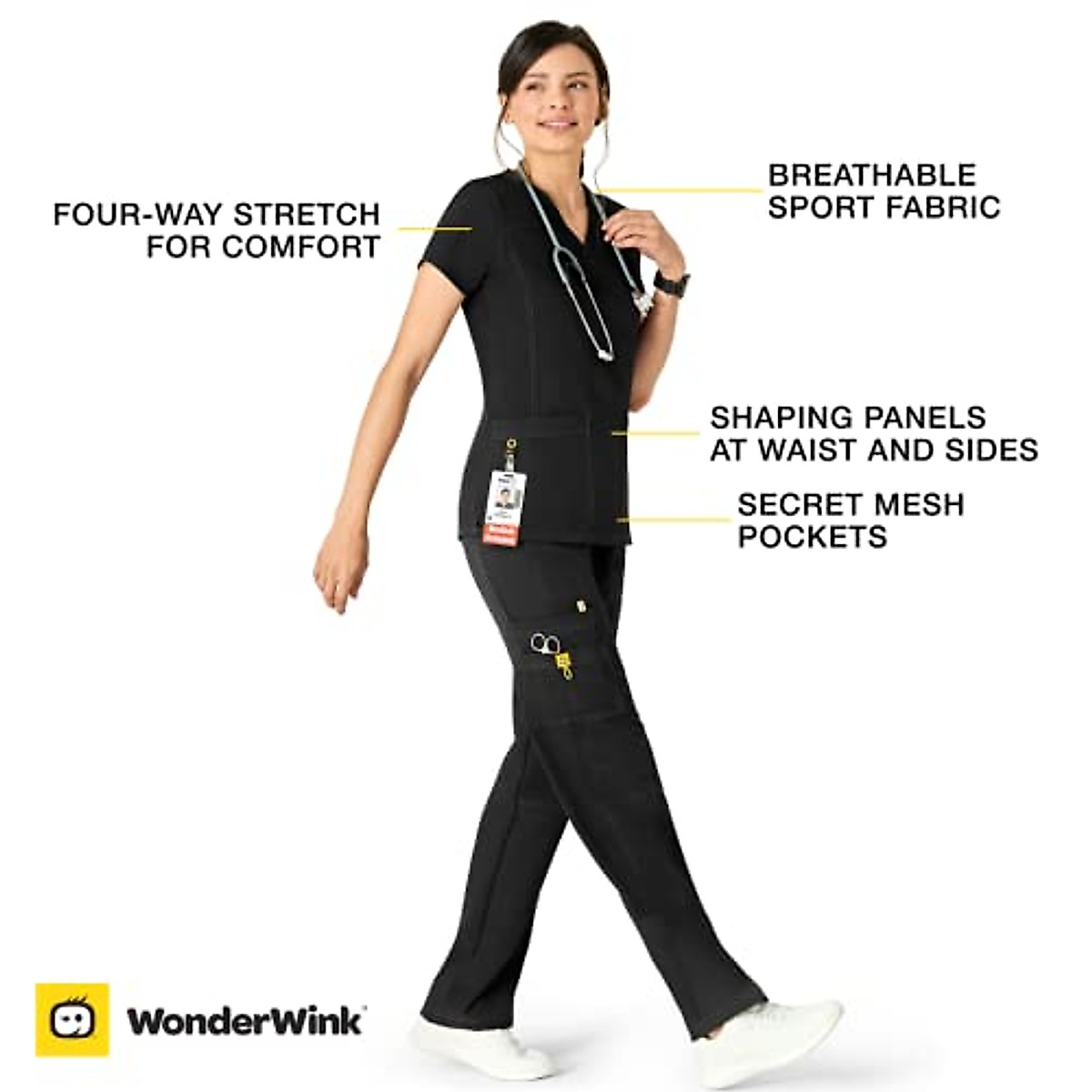 WonderWink Womens Four -Way Stretch Sporty V-Neck Top Medical Scrubs Shirts, Black, X-Large US