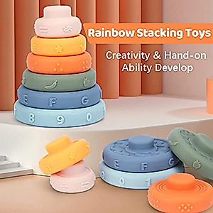 SYNPOS 6 PCS Baby Stacking Teething Toy, Stacking Nesting Toys, Soft Building Stacker Squeeze Toy, Baby Montessori Sensory Toys with Number, Fruit and Shape, Early Learning Toys for Toddlers 6 Months
