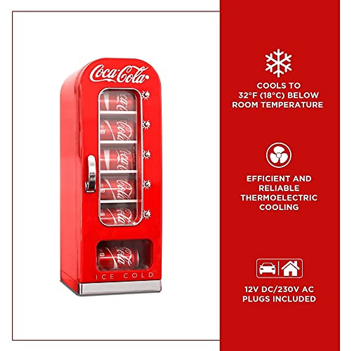 Coca-Cola Retro Vending Machine Style 10 Can Mini Fridge with Display Window, AC/DC Portable Beverage Cooler for Soft Drink Cans, Includes 12V and AC Cords, for Home Office Dorm Cottage, Red