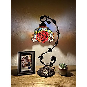 Enjoy Tiffany Style Table Lamp Stained Glass Rose Flowers Iron Metal Leaves Bronze Base Vintage for Living Room Dining Room Bedroom Bedside Office Hotel H21*W11 in