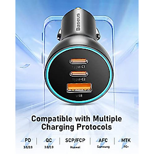 65W USB C Car Charger, Baseus QC3.0 PD3.0 Type C Car Charger, 3 Ports Independent Fast Charging Car Charger Phone Adapter for iPhone 14 13 12 Pro Max XS X, Samsung, iPad Pro/Air, AirPods (Dark Gray)