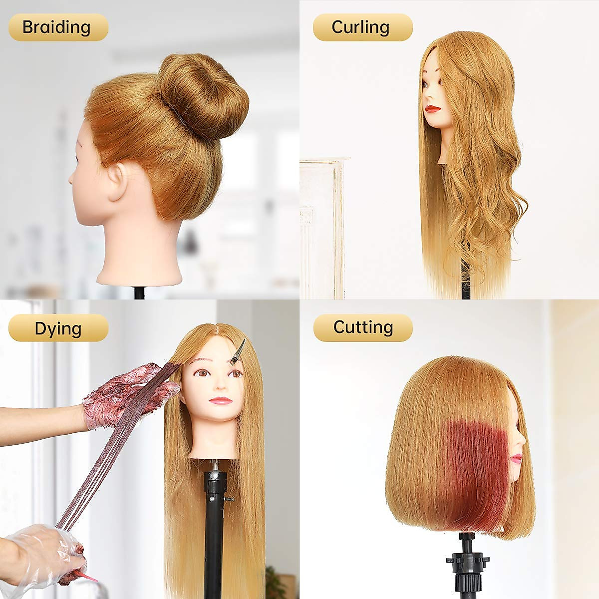MEIBR Mannequin Head 100% Real Hair Styling Training Head 24-27inch Manikin Cosmetology Hairdressing Doll Head With Free Clamp Female+Braid Set (27#)