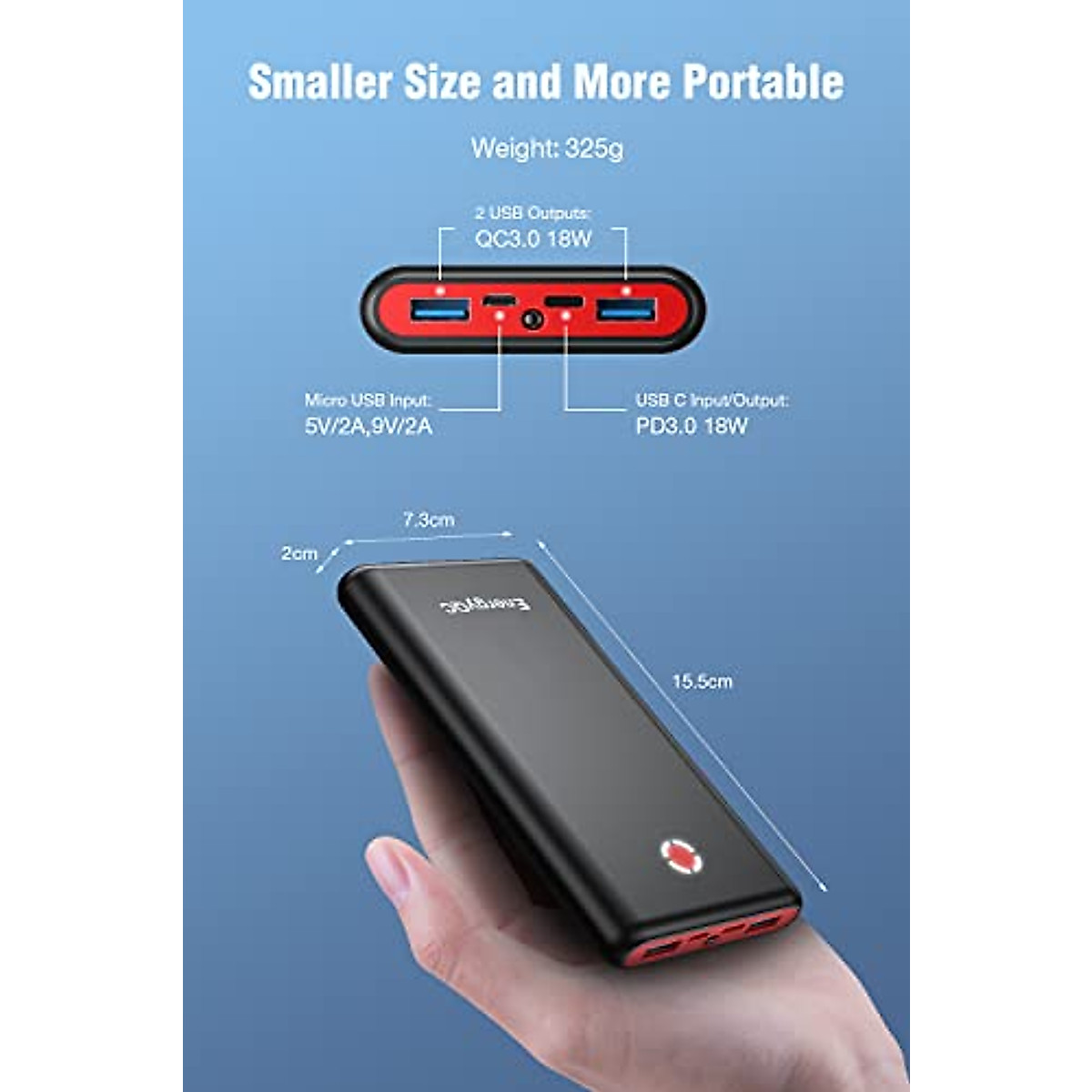 EnergyQC Pilot X7 Portable Charger,20000mAh 18W PD Fast Charging Power Bank,USB C Input/Output Battery Pack with LED Flashlight for iPhone,Samsung and More - Black+Red