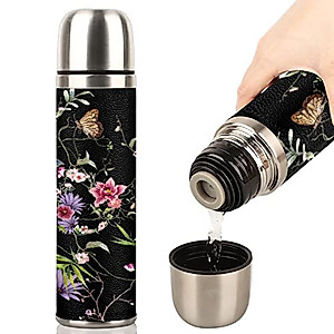 Coffee Thermos,Water Bottle Thermos Bottle with Leakproof Lid Thermos for Hot Drinks, BPA Free,Travel Vacuum Insulated Stainless Steel Bottle (Flowers, With Cup)