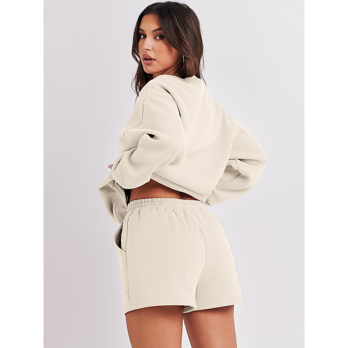 ANRABESS Women 2 Piece Outfits Sweat Shorts Sets 2025 Oversized Casual Lounge Matching Set Sweatsuit Tracksuit Clothes Beige X-Small