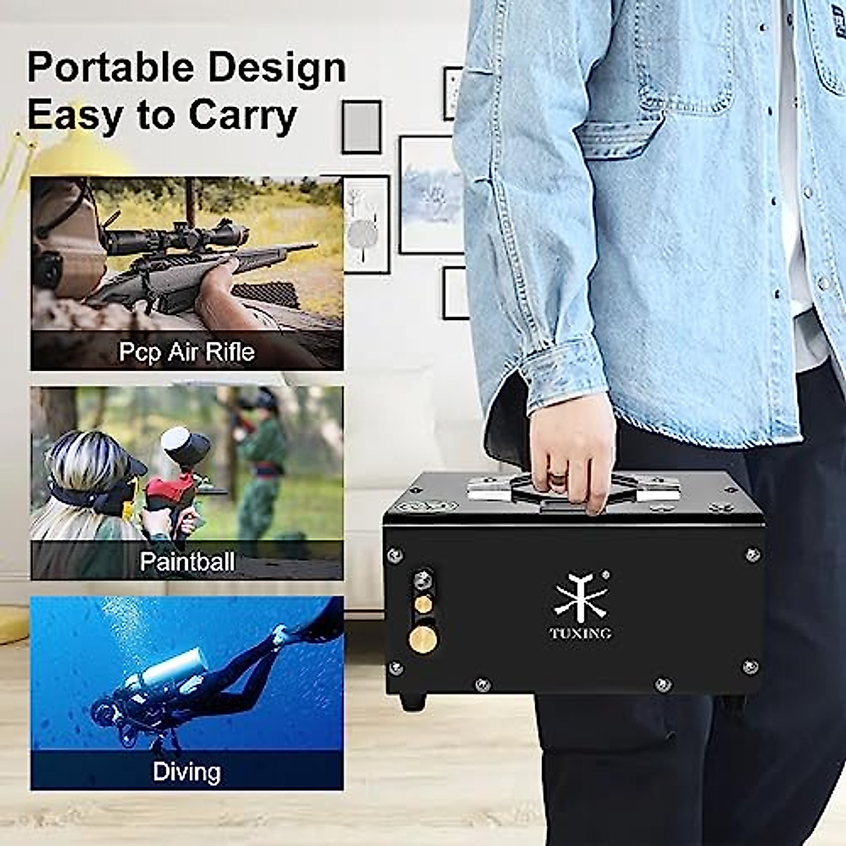 TUXING 4500Psi PCP Air Compressor,PCP Rifle/Pistol and Paintball Tank Air Pump, Powered by 12V Car DC or Home 110V AC with Power Converter and Built-in Water Oil Filter