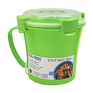 (6 COUNT) KOLORAE 20 OZ SOUP MUG- COLORFUL, MICROWAVE SOUP MUGS WITH LEAK PROOF DESIGN AND SECURE SNAP VENTED LIDS-1 OF EACH COLOR PICTURED, PLUS AN ADDITIONAL BLUE AND GREEN MUG!