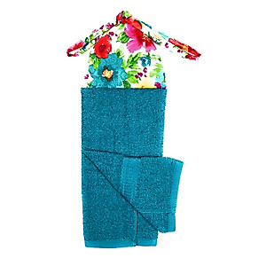 Red Pink Yellow Floral Flowers with Teal Turquoise Green Leaves on White Ties On Stays Put Kitchen Hanging Loop Hand Dish Towel She Who Sews