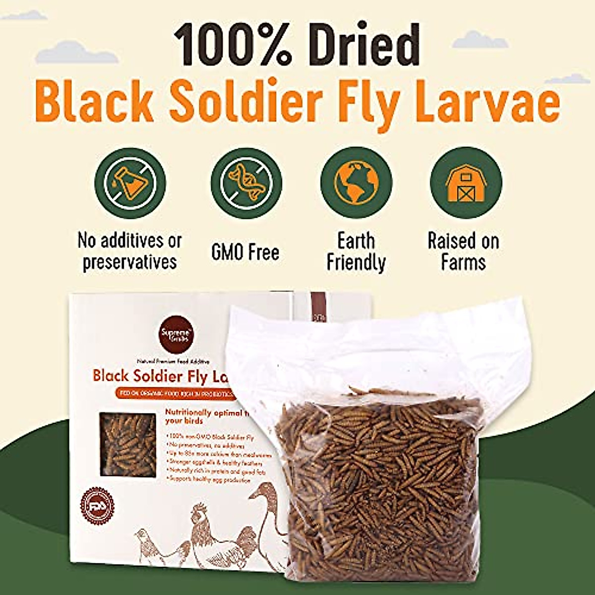 Supreme Grubs Natural Black Soldier Fly Larvae for Chickens, 85X More Calcium Than Mealworms-High Protein Grub Food Chicken Treats for Hens, Probiotic-Rich Chicken Feed, Calcium-Dense Bird Treat 5lb