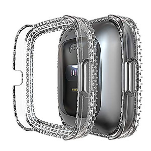 Protector Case Compatible with Fitbit Versa 2 Cover, Bling Double Row Crystal Diamonds PC Plated Bumper Frame Smartwatch Accessories (Clear, Versa 2)