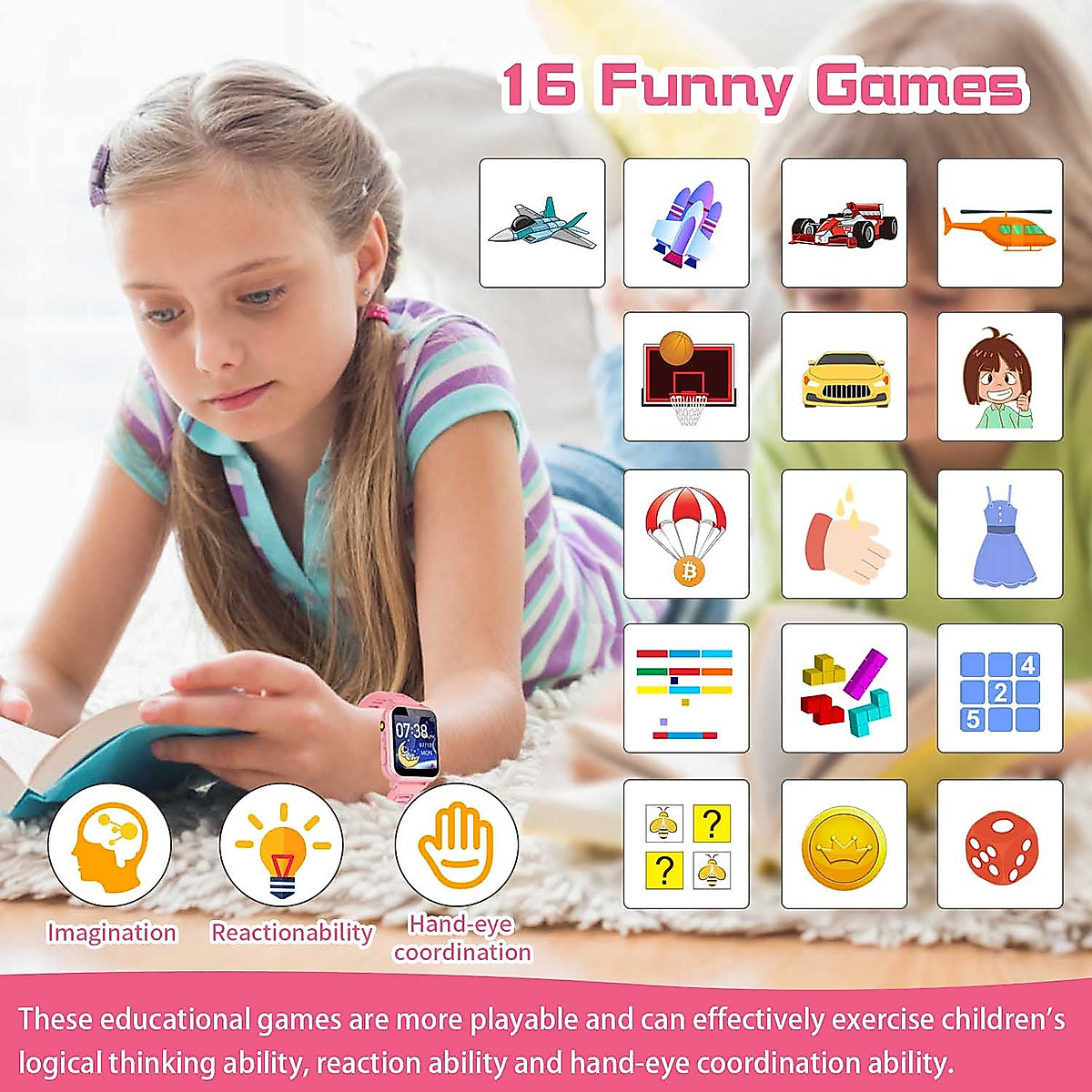 METYYP Smart Watch for Kids,Kids with 24 Puzzle Games Dual Cameras Pedometer 1.54inch HD Touch Screen Music Alarm Clock Video Recorder Flashlight,Kids Watches Toys Birthday Gift for Age 3-12